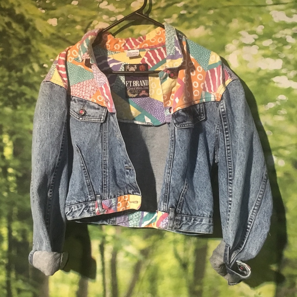Vintage Patterned Bright Denim Jacket 90s Cowgirl - Gem